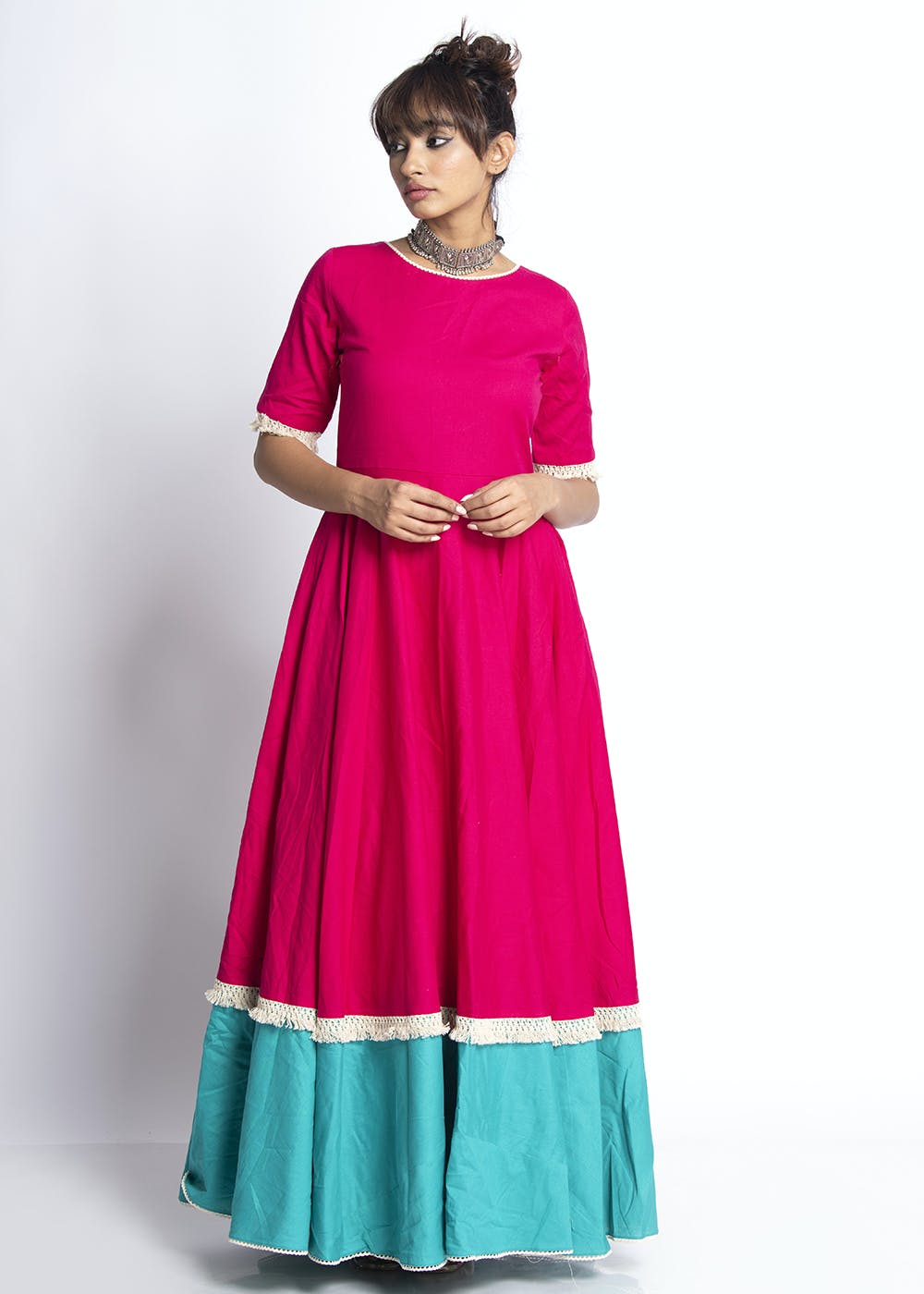 Get Dual Toned Long Flared Dress with Lace Details at ₹ 3250 | LBB Shop