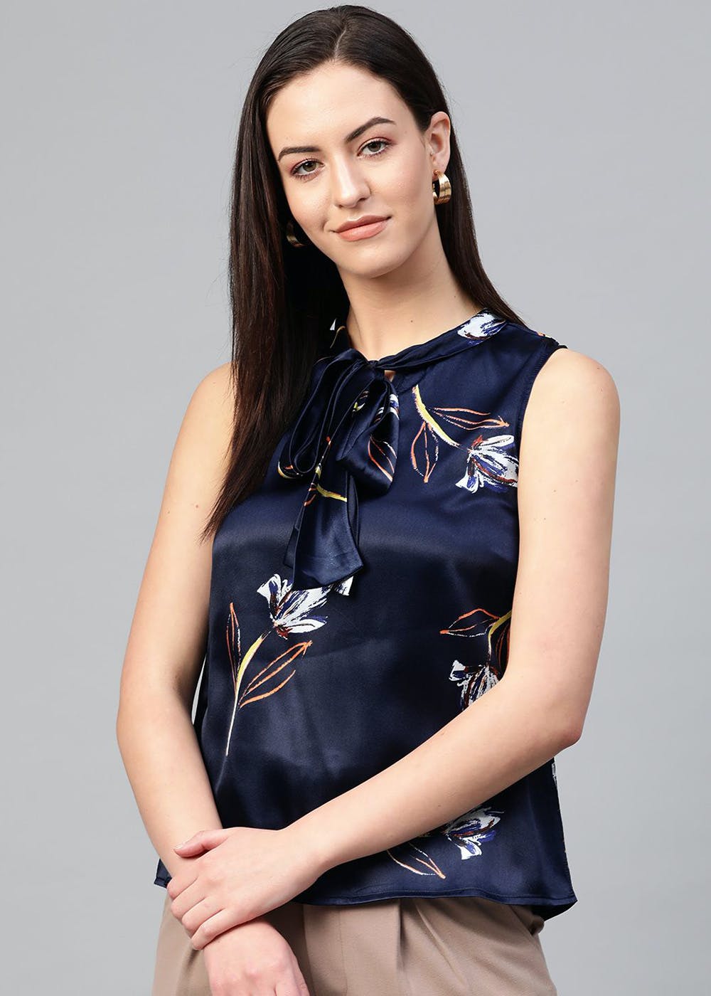 Get Indigo High Neck Scarf Satin Top at ₹ 1699 | LBB Shop