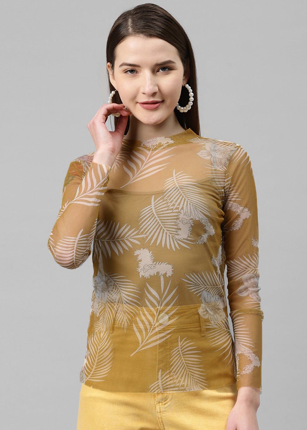 Get Mustard Floral Mesh Turtle Neck Blouse at ₹ 949 | LBB Shop