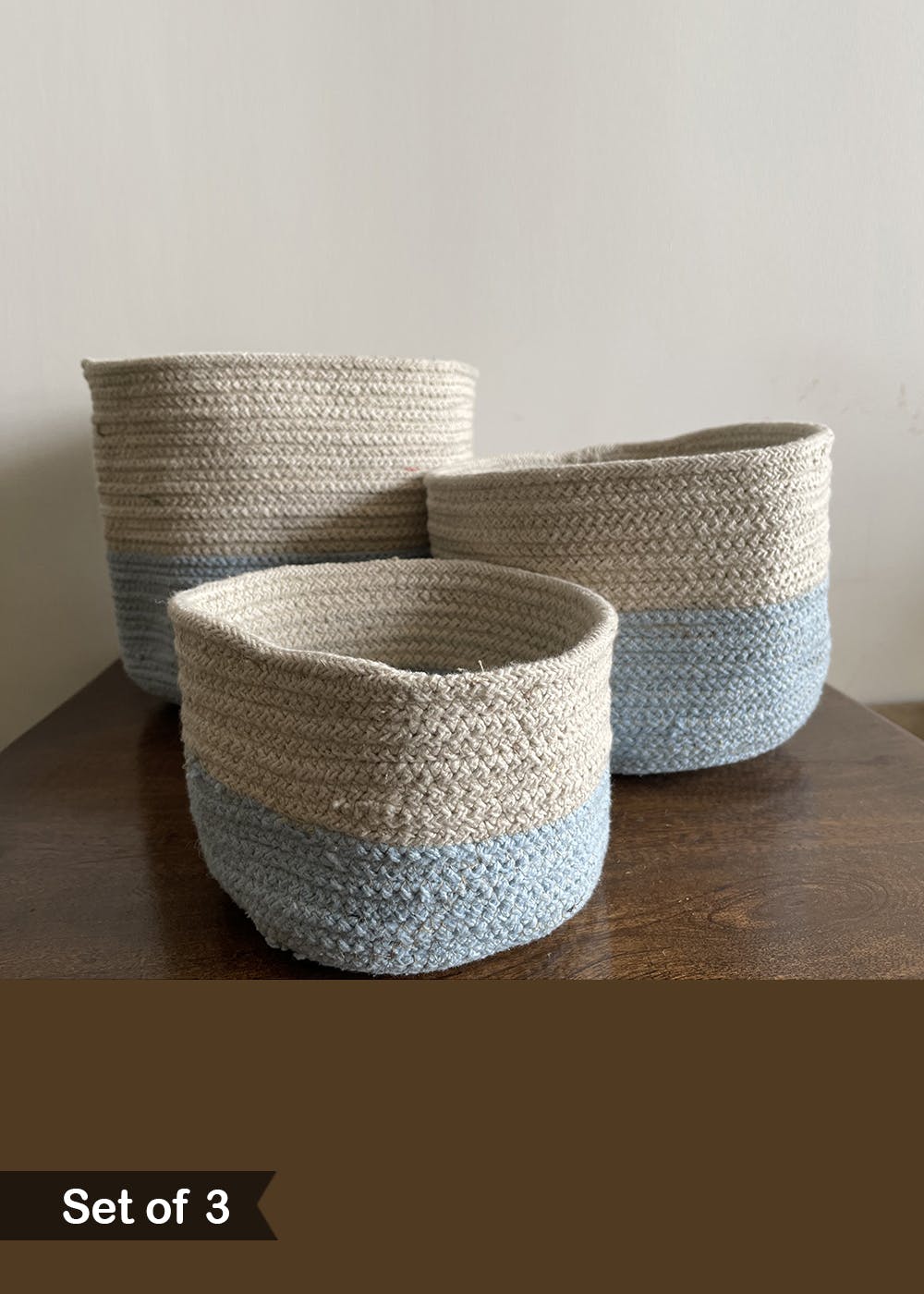 Get Blue And Beige Cotton Braided Baskets - Set of 3 at ₹ 1290 | LBB Shop