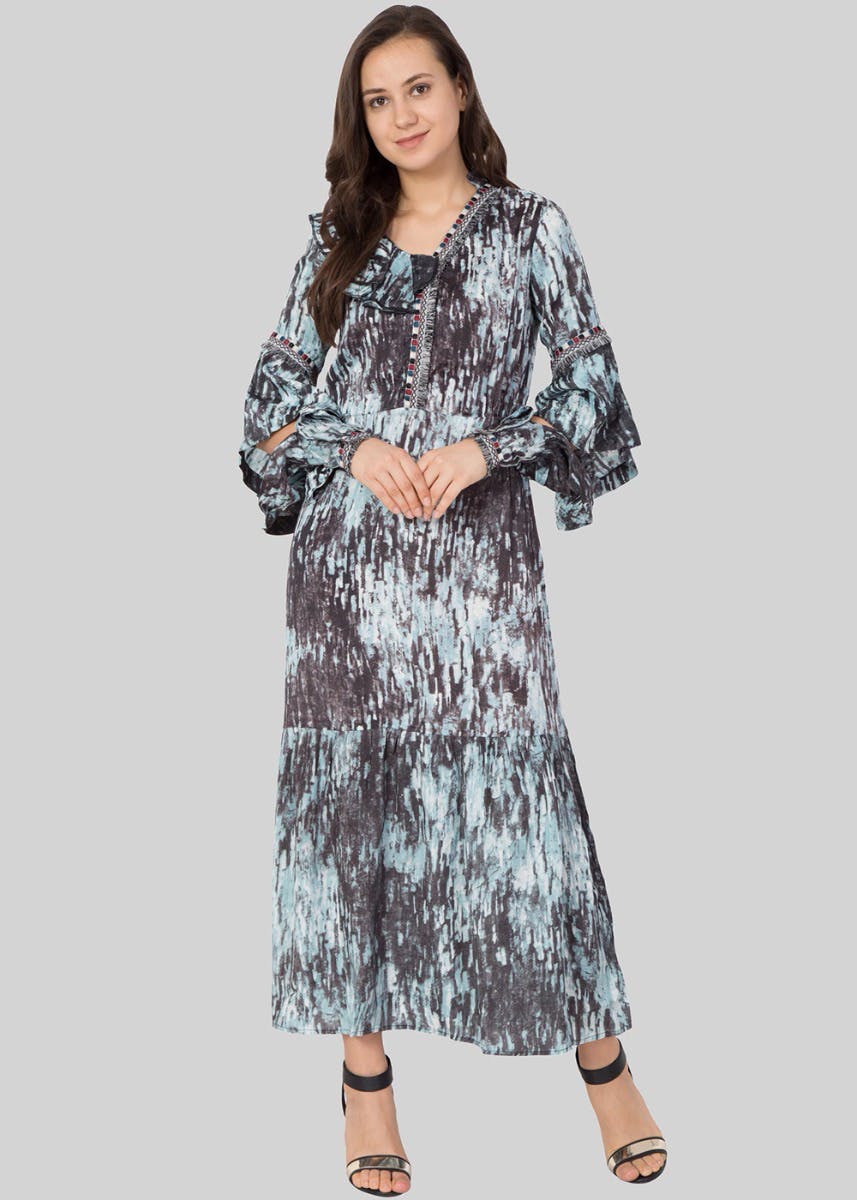Get Textured Print Slit Sleeves Maxi Dress At ₹ 835 Lbb Shop