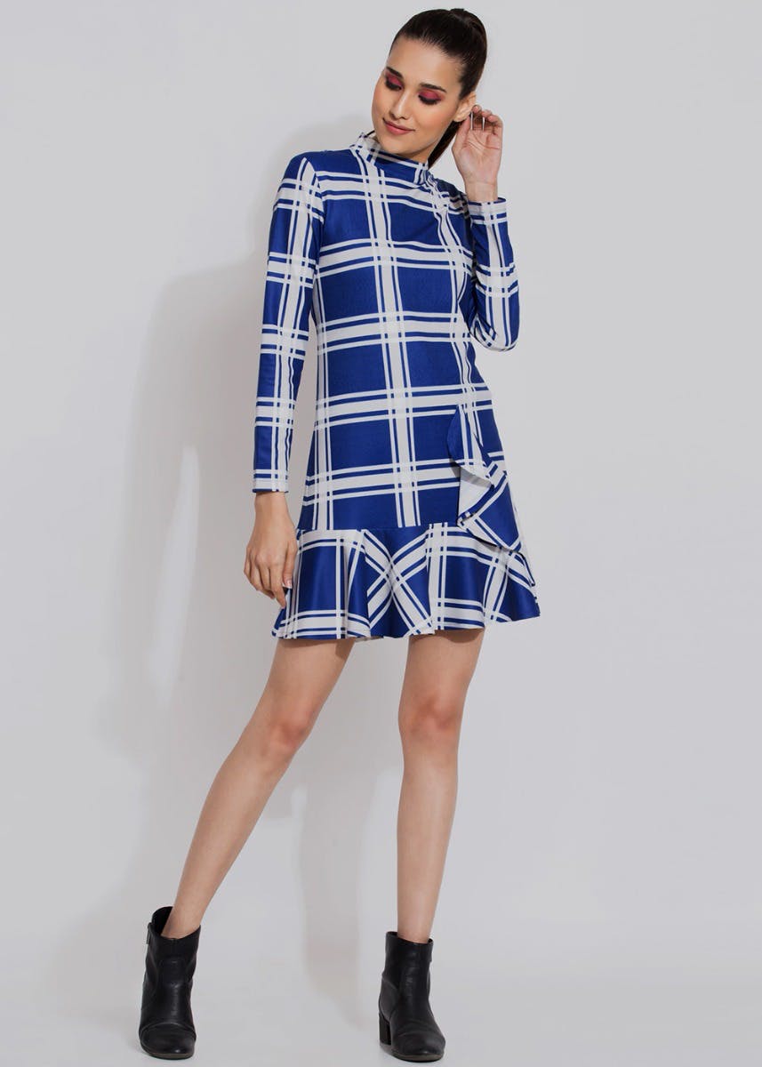 Get Blue Chequered Flared Hem Short Dress at ₹ 1250 | LBB Shop