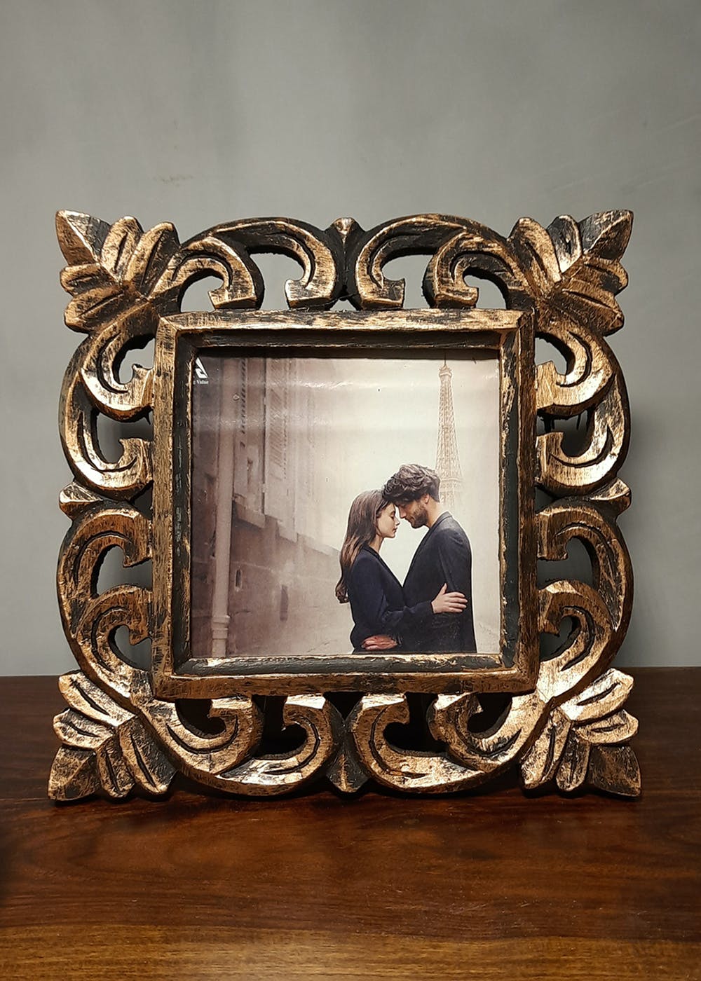 Get Single Table Top Wooden Carved Photo Frame in Gold Color (Photo ...