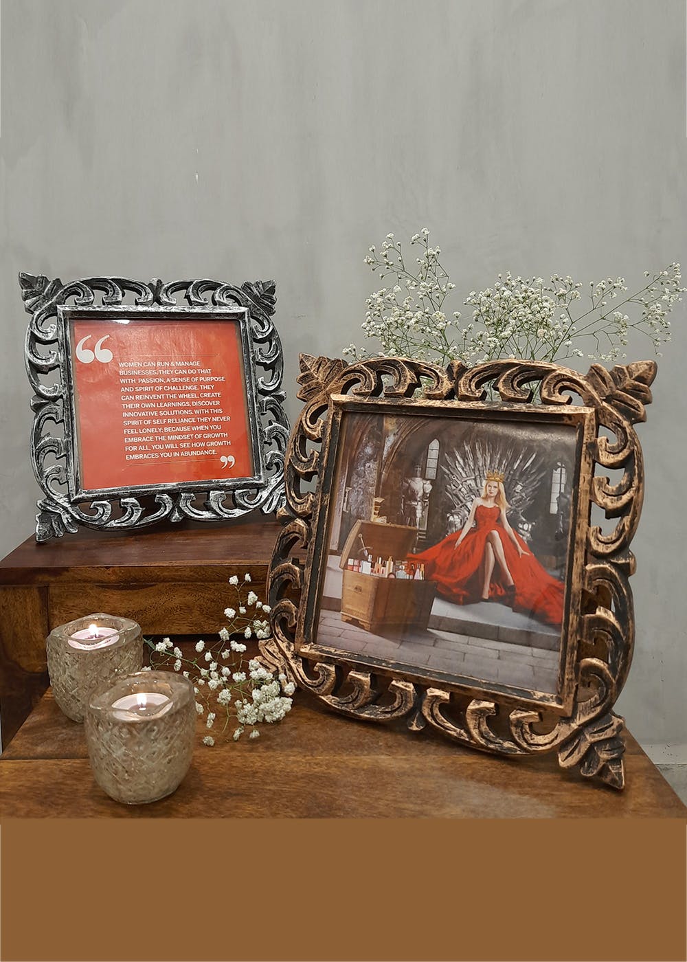 Get Set of 2 Table Top Wooden Carved Photo Frame in Gold, Silver Color ...