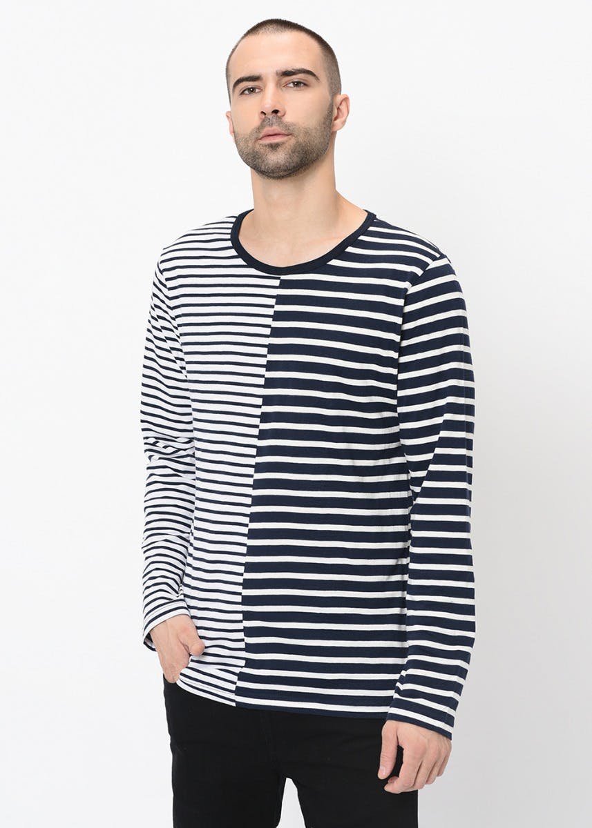 Get Half & Half Monochrome Stripes T-Shirt at ₹ 398 | LBB Shop