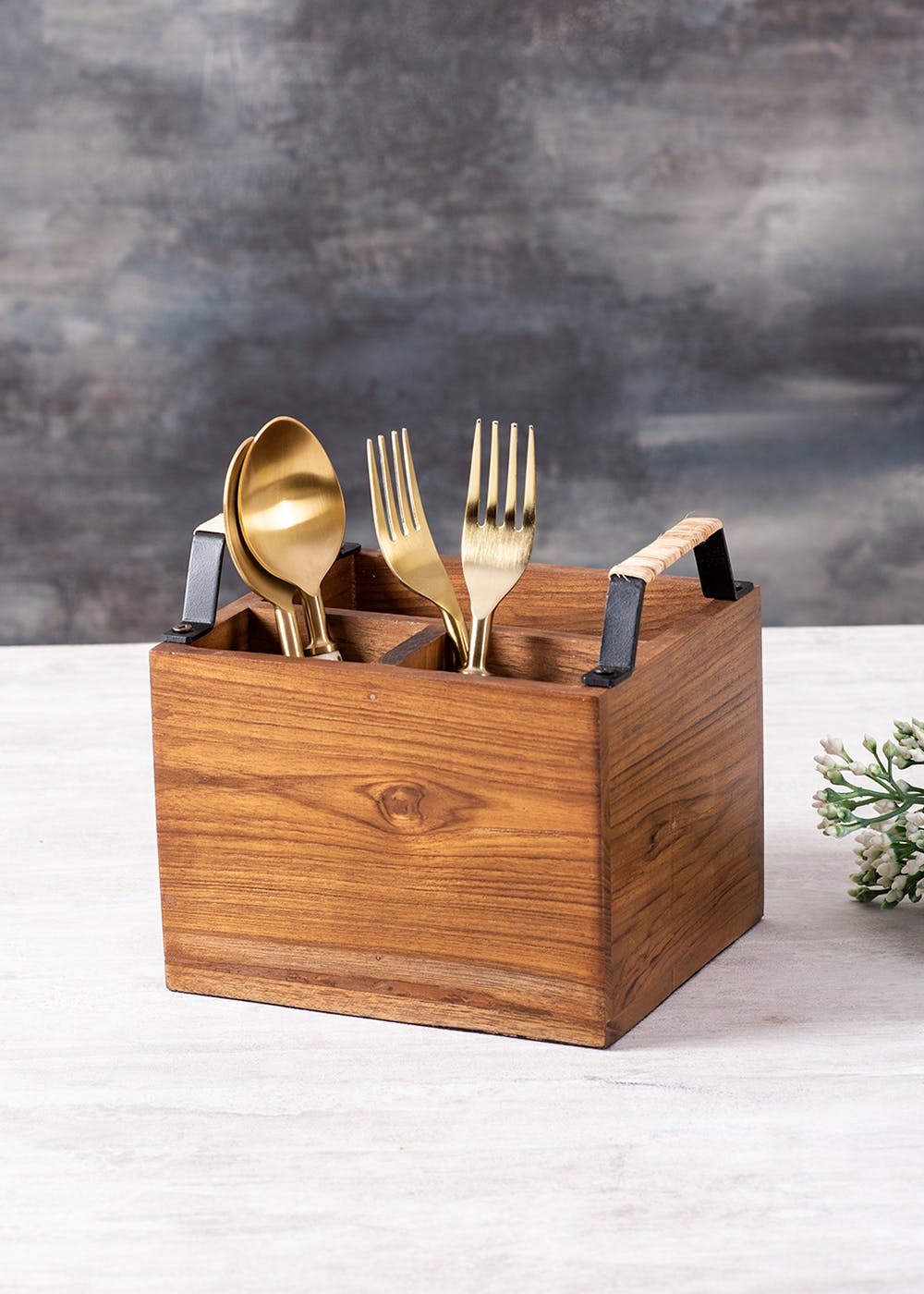 Get Teak Wood Cutlery Holder Small with Cane for Kitchen at ₹ 1895 ...