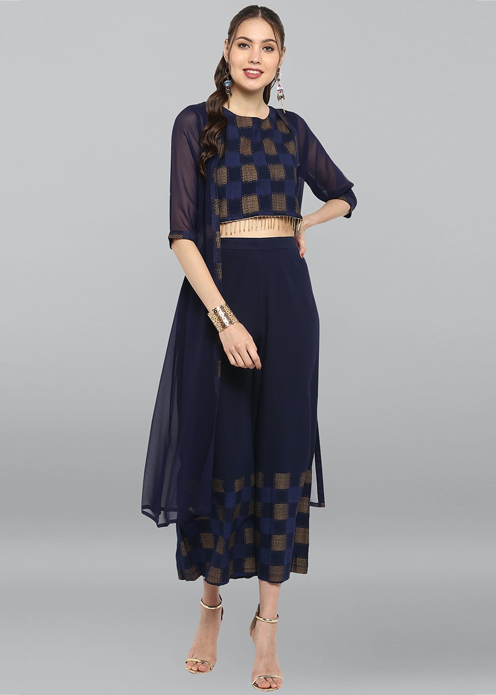 Get Navy Blue Poly Crepe Top With Palazzo And Jacket at ₹ 1032 | LBB Shop