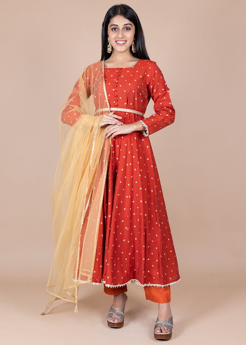 Get Rust Chanderi Square Neck Anarkali With Narrow Pant Paired With ...