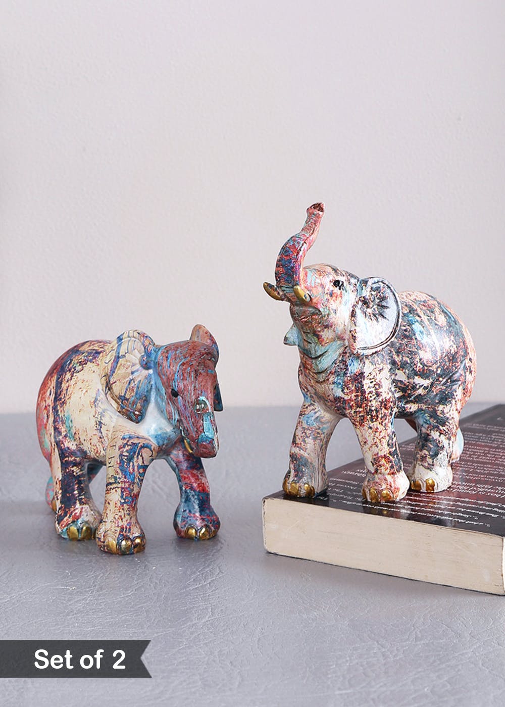 Get Set of Two Storytelling Elephants in Muted Bright Blue and Gold at ...