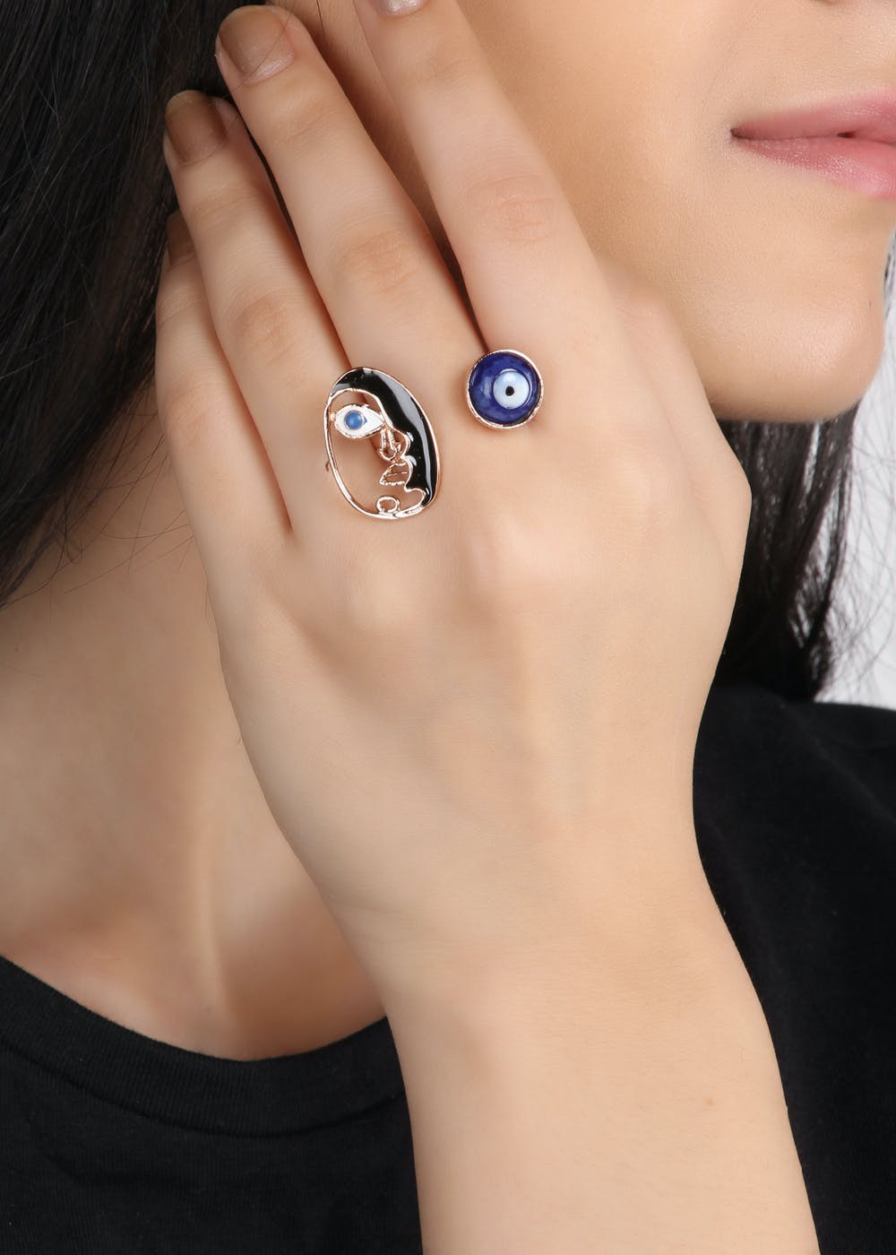 Get Evil Eye & Girl Face Rose Gold Open Ring at ₹ 1300 | LBB Shop