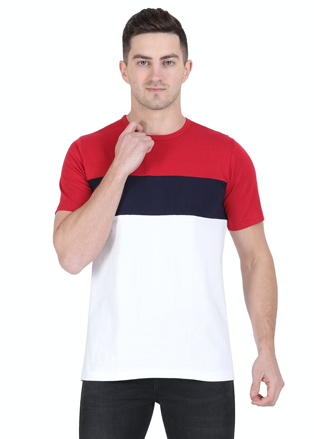 Get Two-Tone Panel Striped Yoke White Half Sleeves T-Shirt at ₹ 599 ...