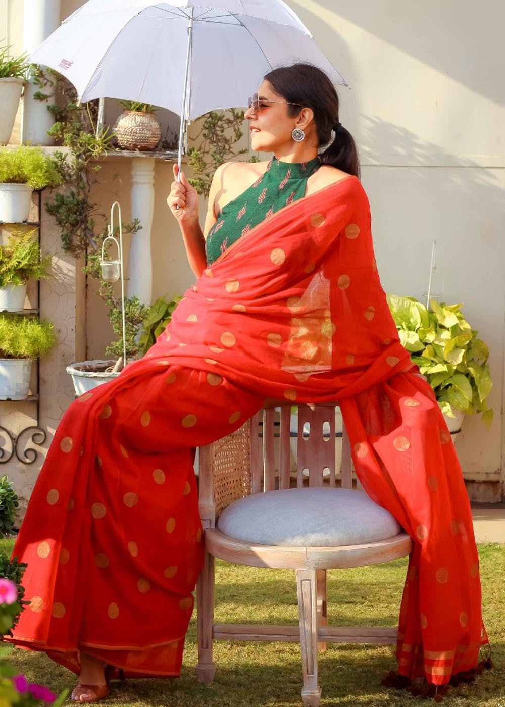 Get Red Mul Cotton Saree With Light Yellow Polka Dots at ₹ 2100 | LBB Shop