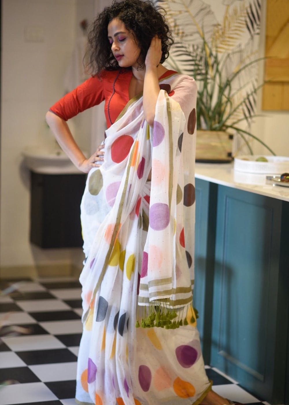 Get White Mul Cotton Saree With Big Multicolour Polka Dots at ₹ 3350 | LBB Shop