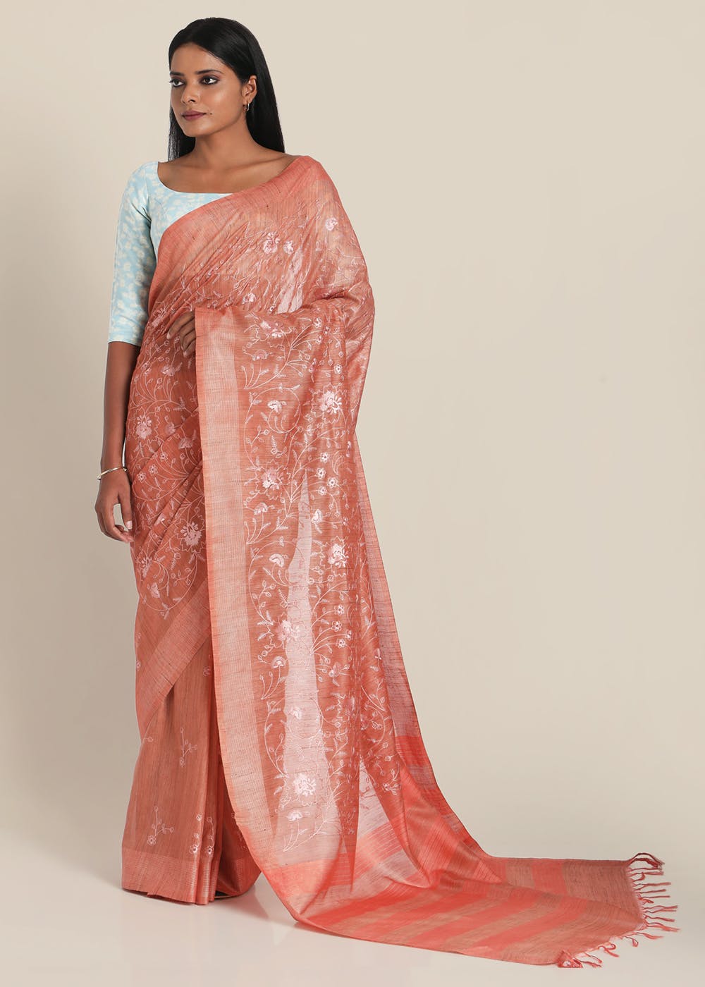 Get Orange Machine Embroidered Saree at ₹ 2950 | LBB Shop