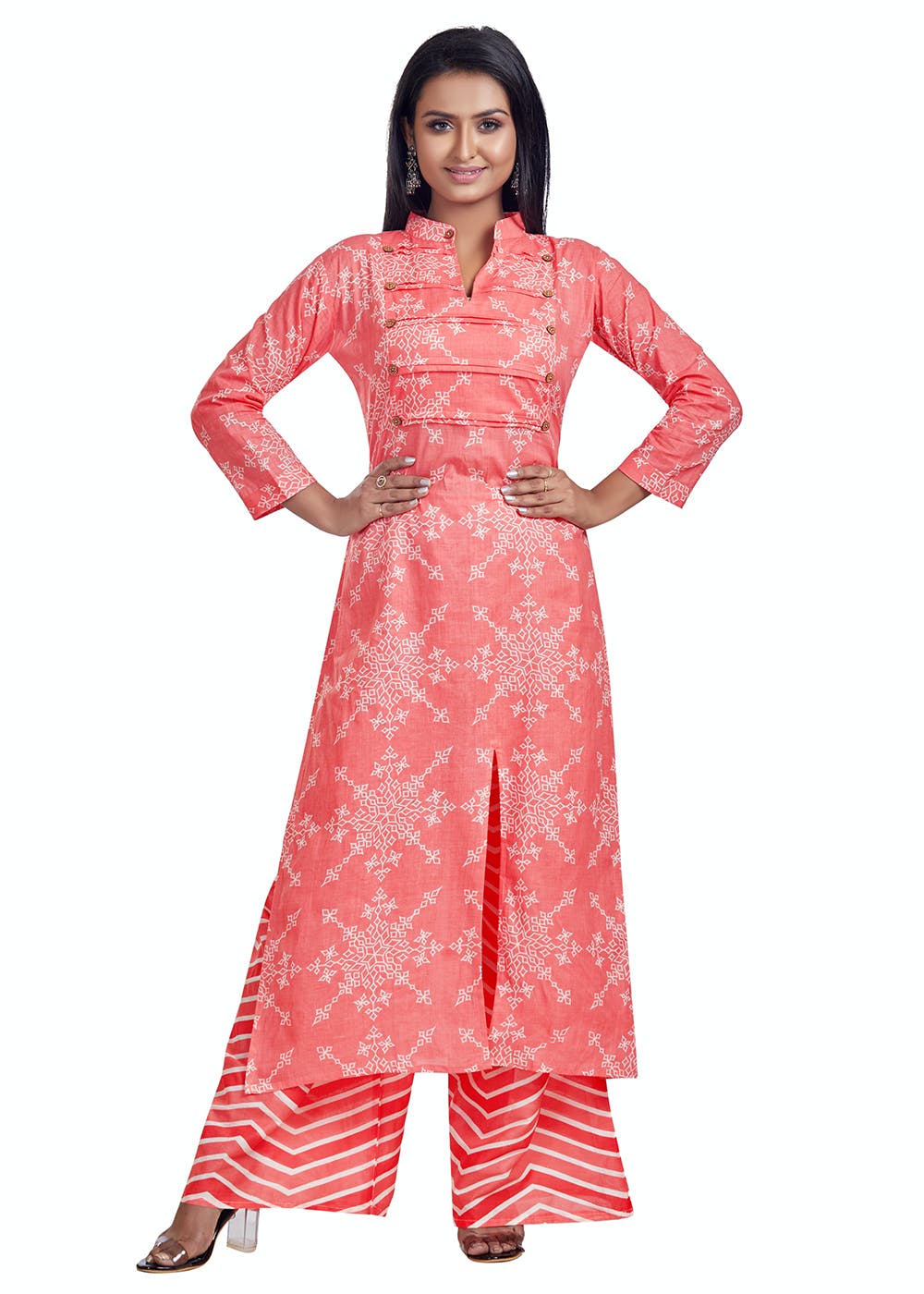 Get Peach and White Printed Kurti Palazzo Set at ₹ 1599 | LBB Shop