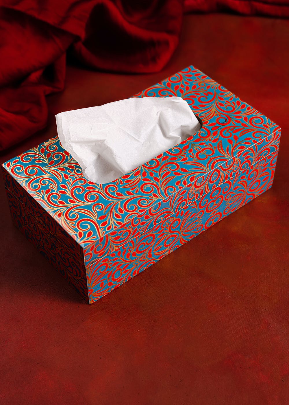 Get Wooden Printed Paisley Blue and Gold Tissue Box at ₹ 800 | LBB Shop