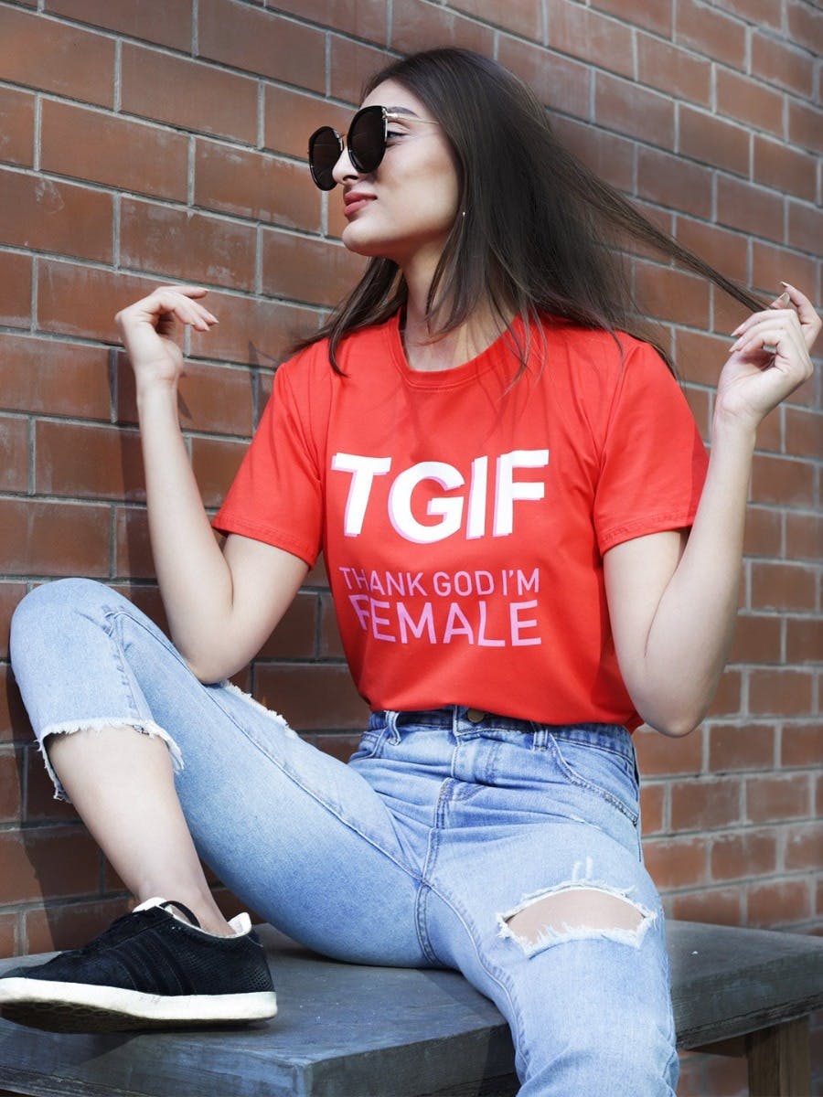 Get Red Crew Neck TGIF T-Shirt at ₹ 890 | LBB Shop