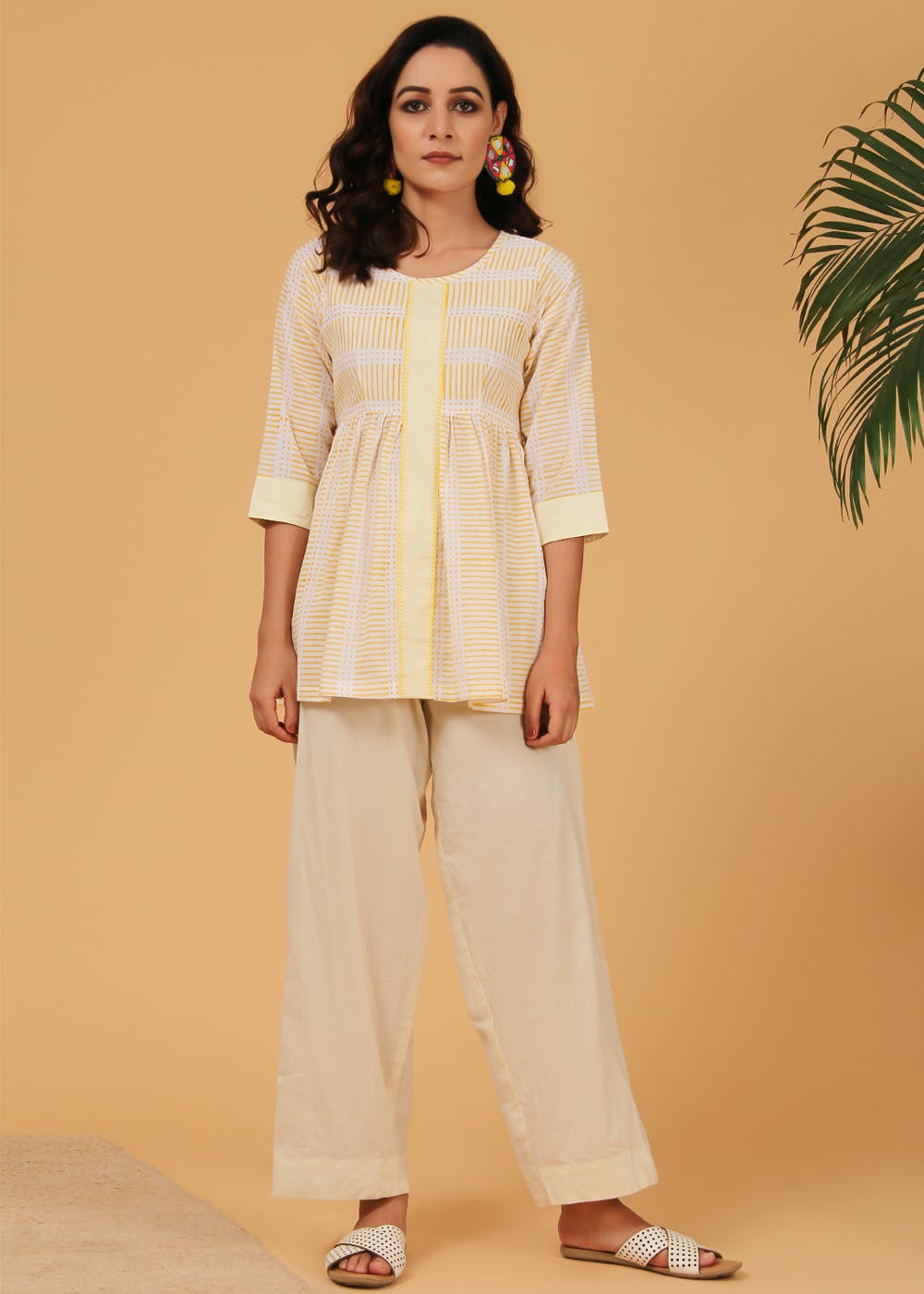 Get Pleates Detail Yellow Striped A-Line Top at ₹ null | LBB Shop