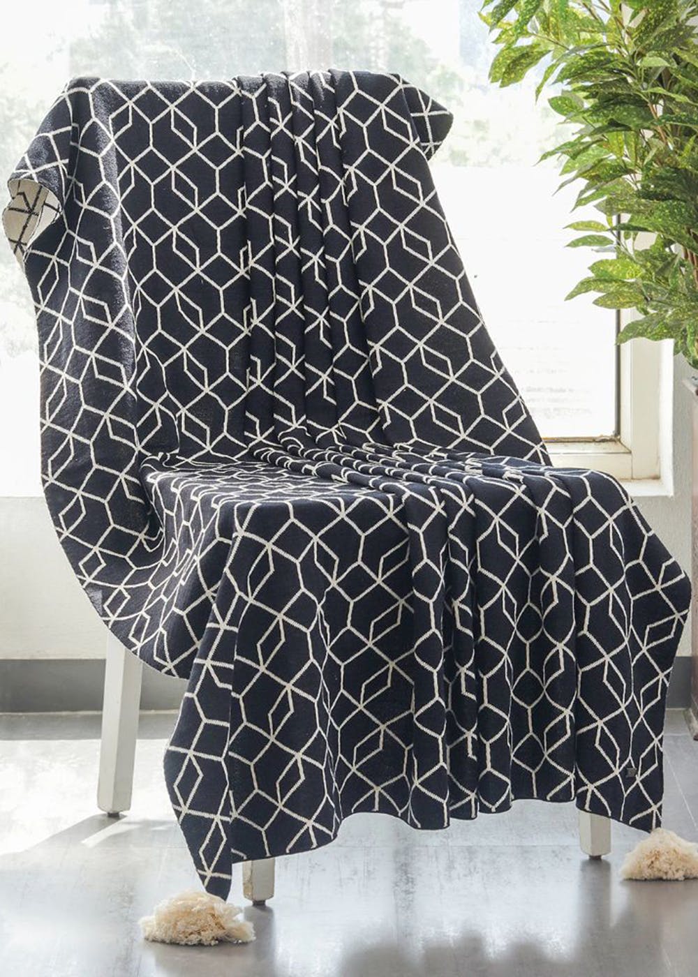 Get Black Base And Natural Cotton Knitted All Season AC Throw Blanket ...