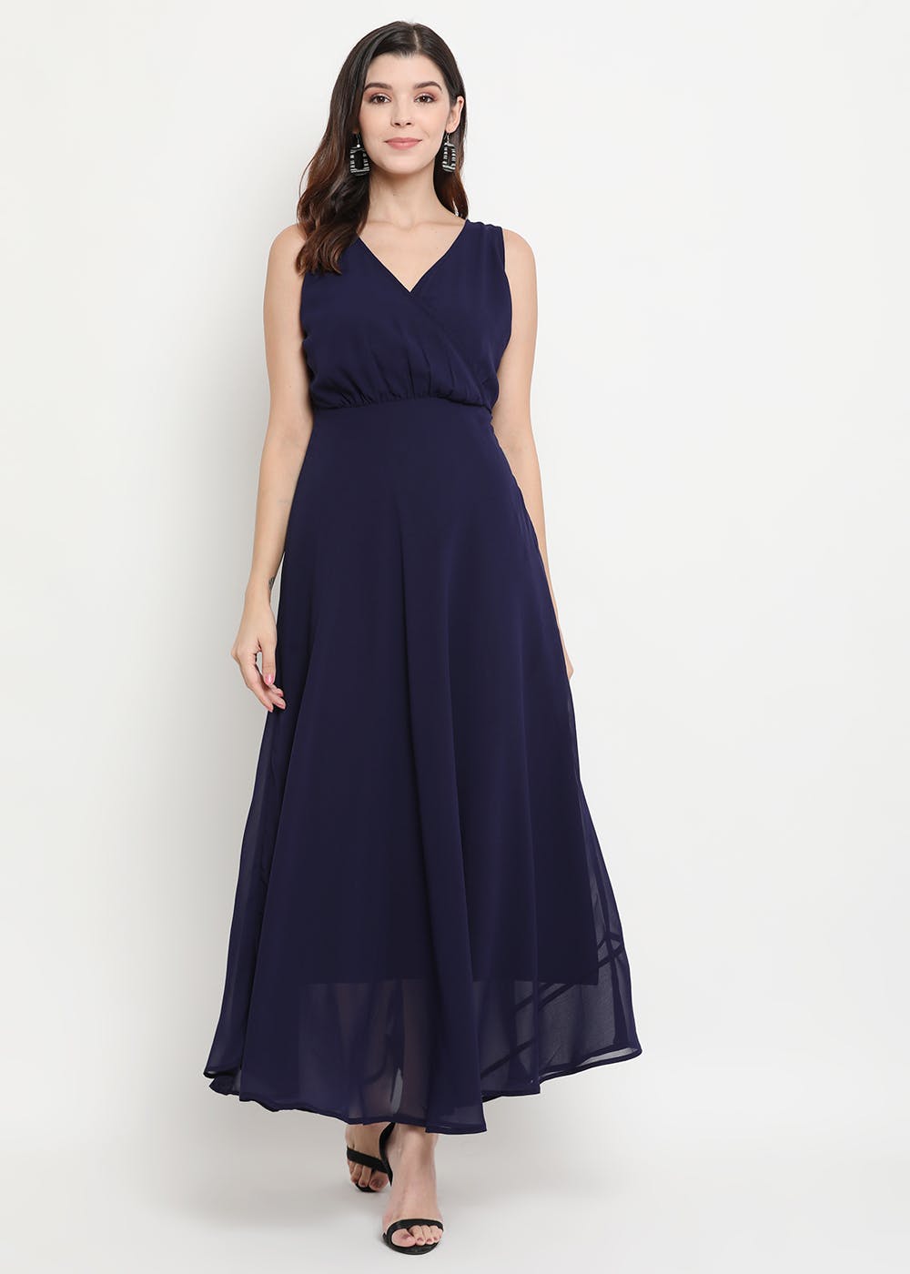 Get Wrap Neck Detail Solid Polyester Maxi Fit & Flare Dress at ₹ 1759 ...