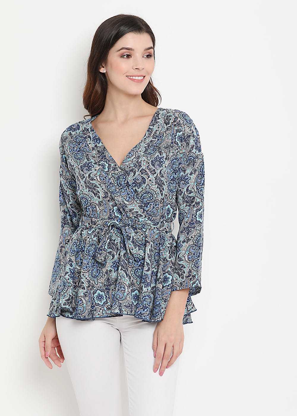 Get Waist Tie Detail Ethnic Floral Printed Blue A-Line Top at ₹ 959 ...