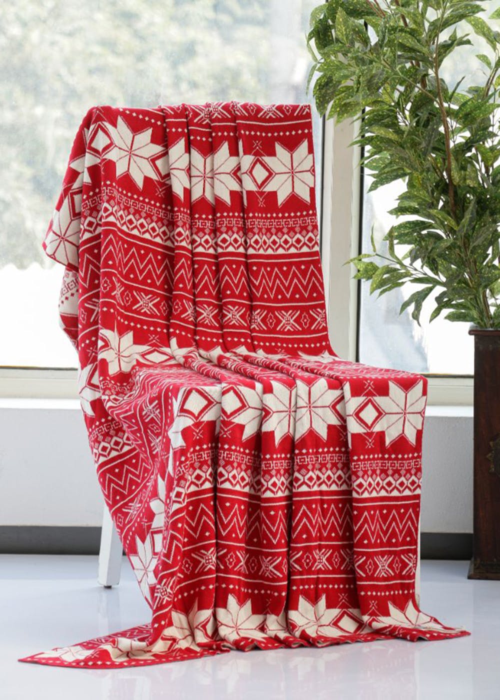 Get Red And Natural Cotton Knitted All Season AC Throw Blanket at ...