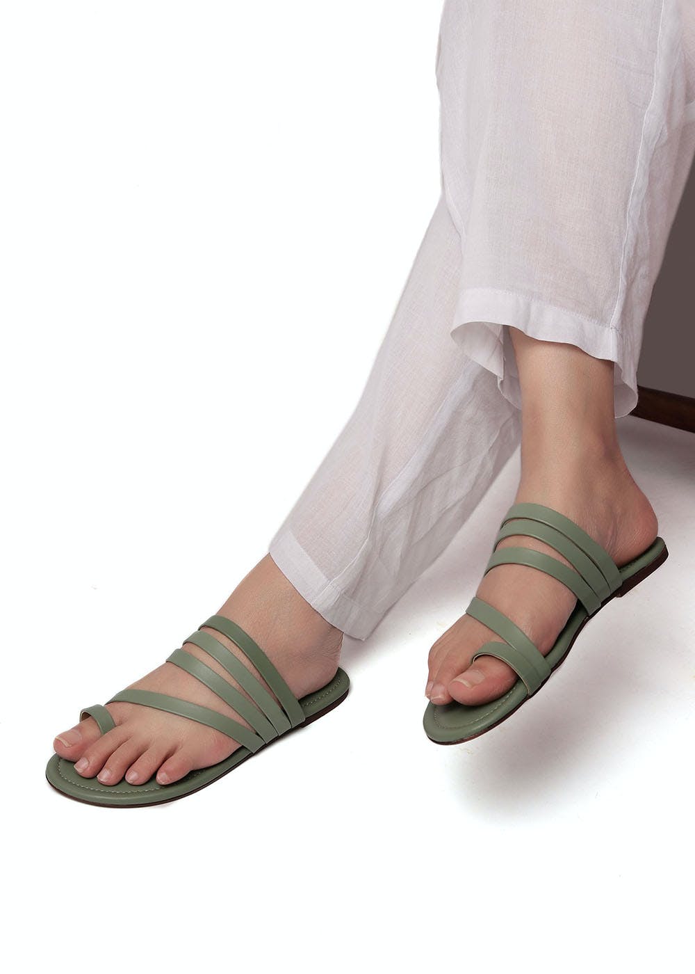 Get Viridian Green Strappy Slip-On Flats With Insole Cushion Padding at ...