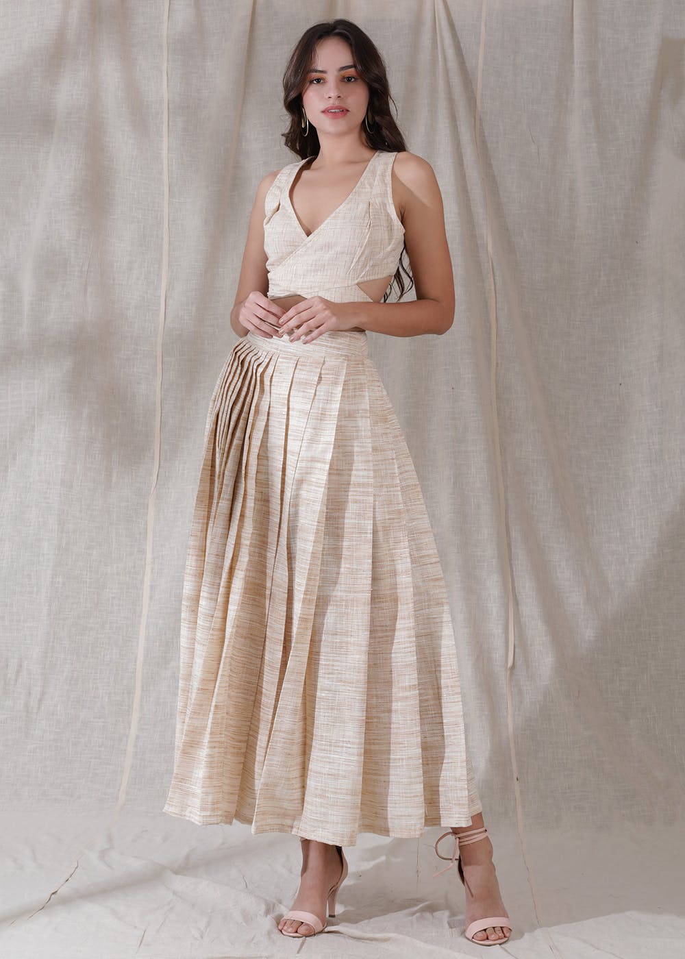 Get Ivory Tan Khadi Overlapped Crop Top with Khadi Pleated flared Skirt ...