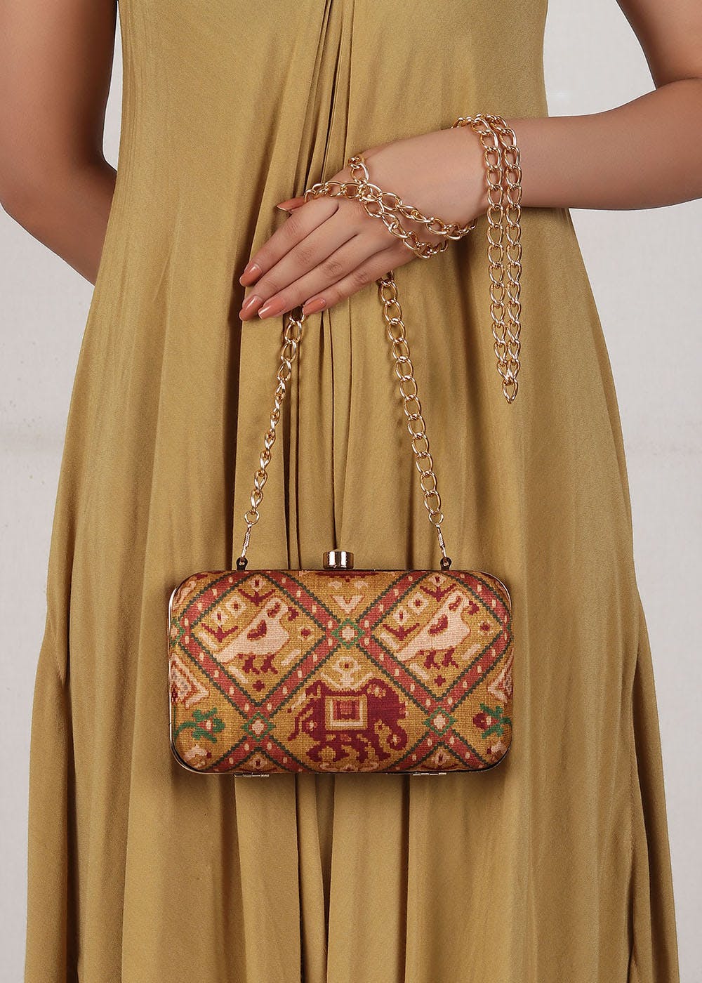 Get Azalea Golden & Multi Patola Print Rectangular Box Clutch at ₹ 1999 ...