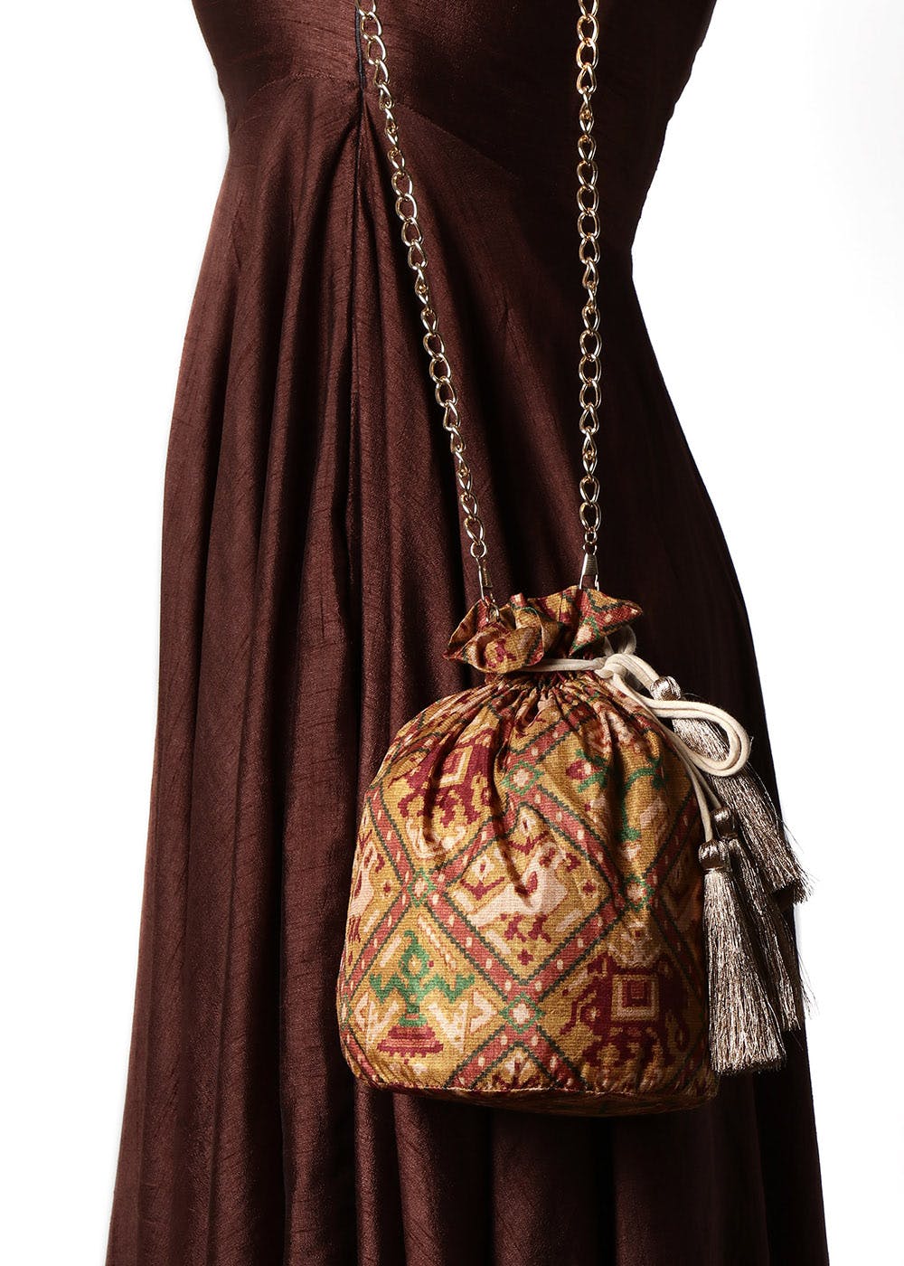 Get Chhaya Golden & Multi Silk Patola Print Potli With Tassels at ...