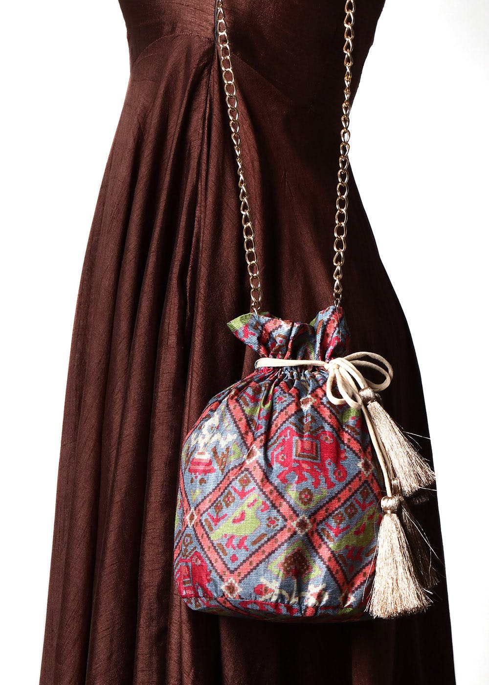 Get Estaa Blue & Multi Silk Patola Print Potli With Tassels at ₹ 1099 ...