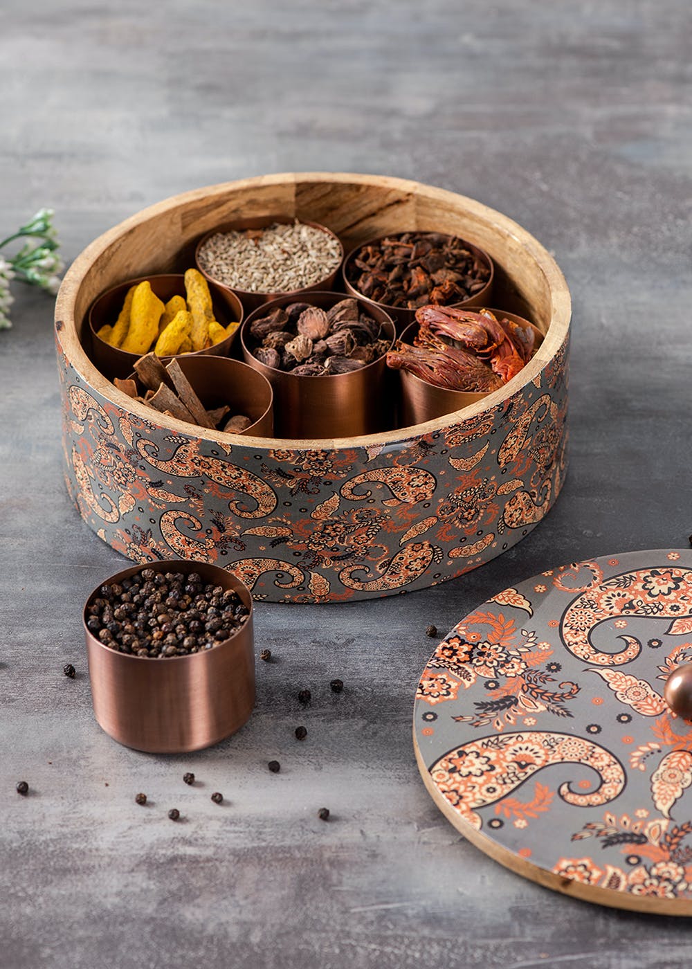 Get Mango Wood Grey Printed Masala Box with 7 Jars Lid at ₹ 2895 | LBB Shop