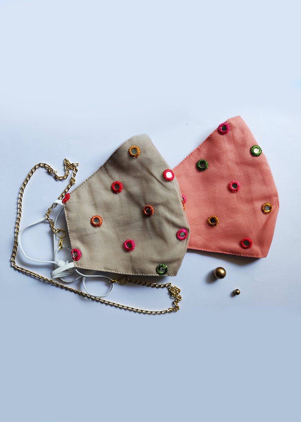 Get Pack Of 2 Mirror Work Face Masks With Chain (Pink And Grey) at ...