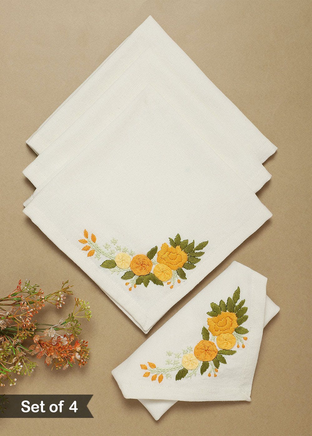 Get Yellow Hand Embroidery Off White Cotton Table Napkin - Set of 4 at ...