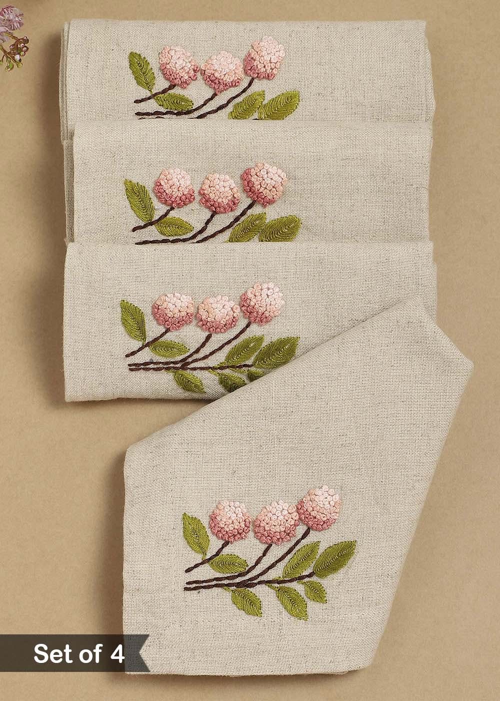 Get Pink Flower Hand Embroidery Table Napkins - Set of 4 at ₹ 1999 ...