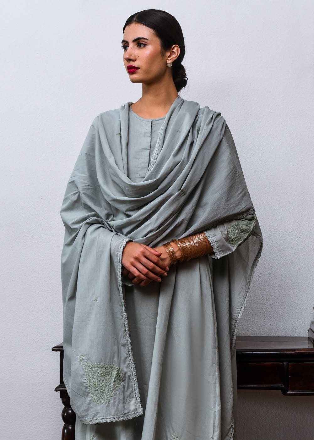 Get Lace Trim Detail Motif Embroidered Grey Dupatta at ₹ 2500 | LBB Shop