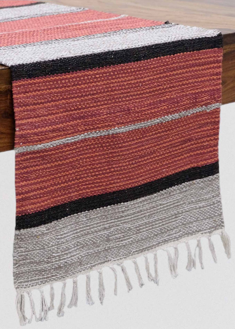 Get Rust & Coffee Striped Handloom Cotton Table Runner with Tassels at ...