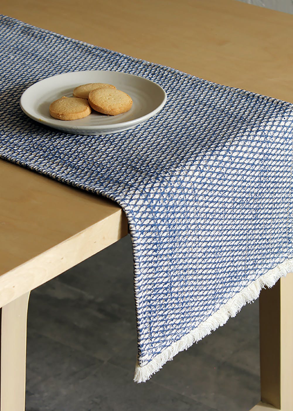 Get Blue Woven Textured Tassled Table Runner at ₹ 1799 | LBB Shop