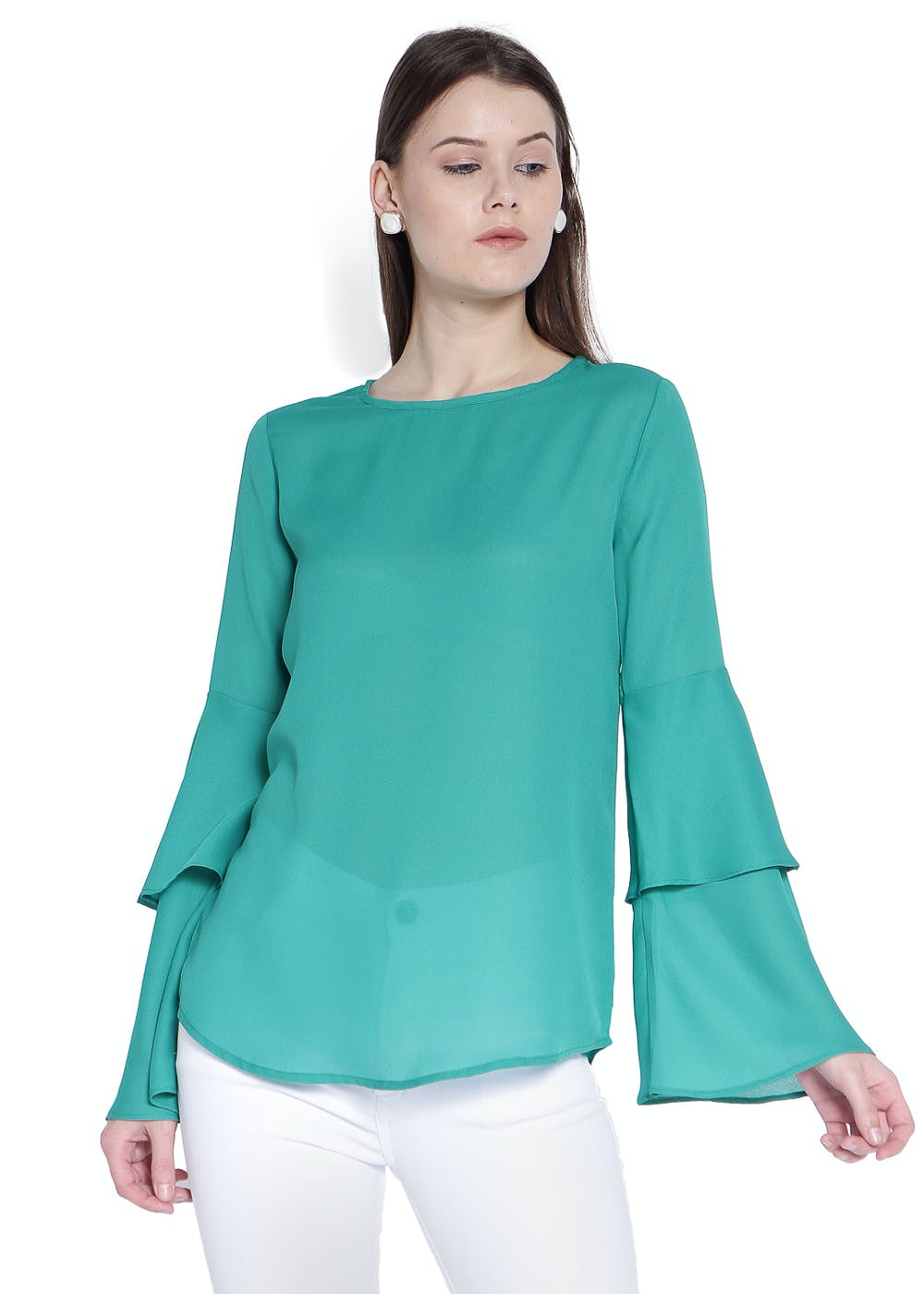 Get Layered Bell Sleeve Detail Solid Green Top at ₹ 499 | LBB Shop
