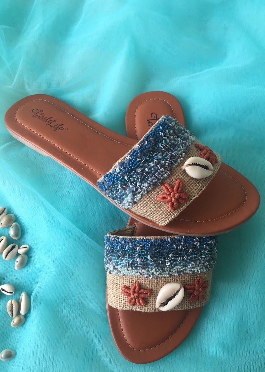 Get Embellished Blue Jute Sliders at ₹ 1039 | LBB Shop