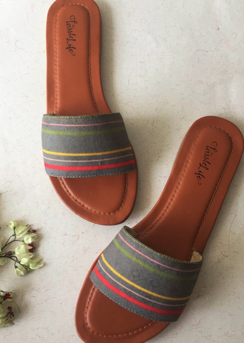 Get Multicolor Striped Grey Sliders at ₹ 799 | LBB Shop