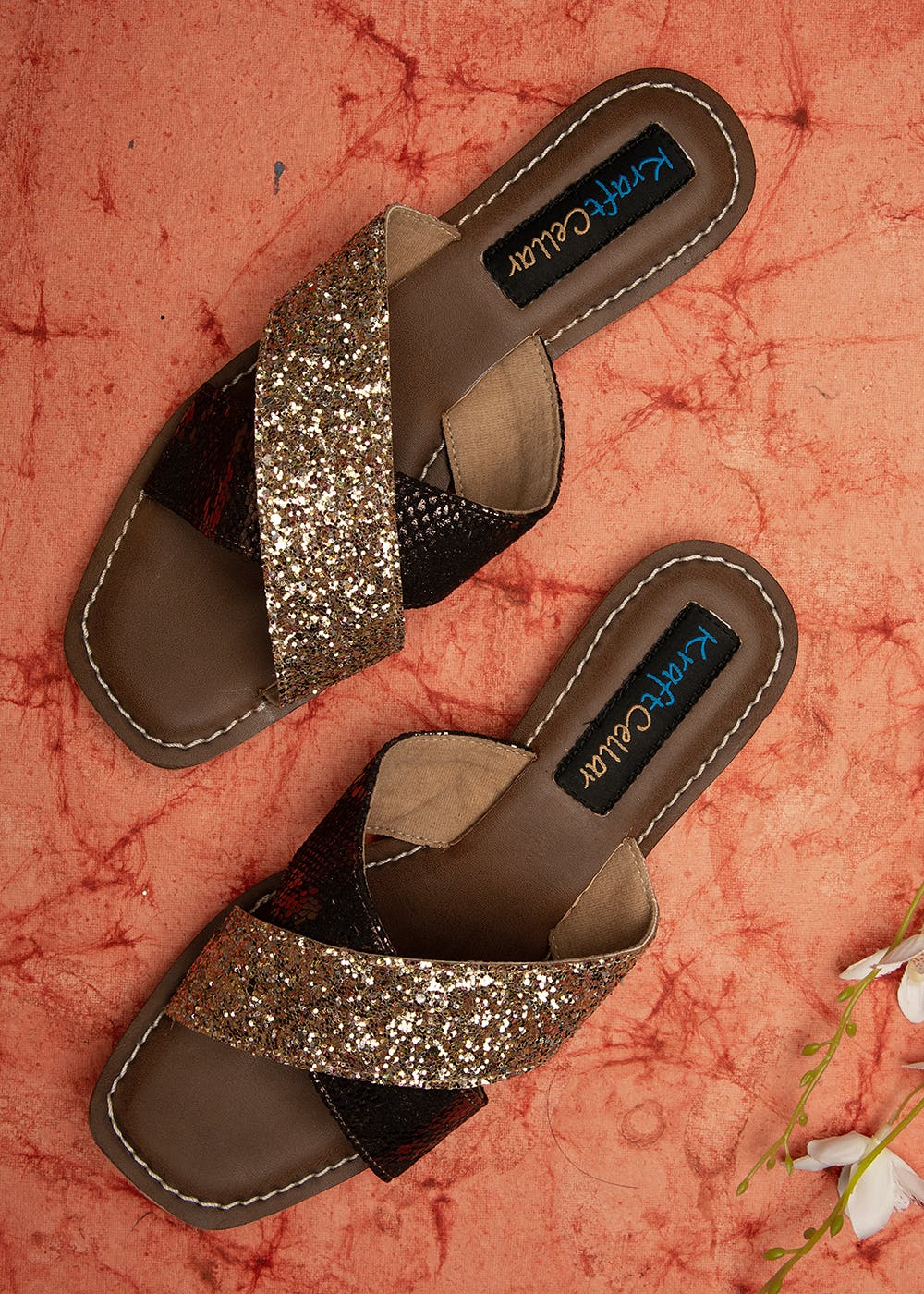 Get One Sequined Cross Strapped Brown Slides at ₹ 799 | LBB Shop