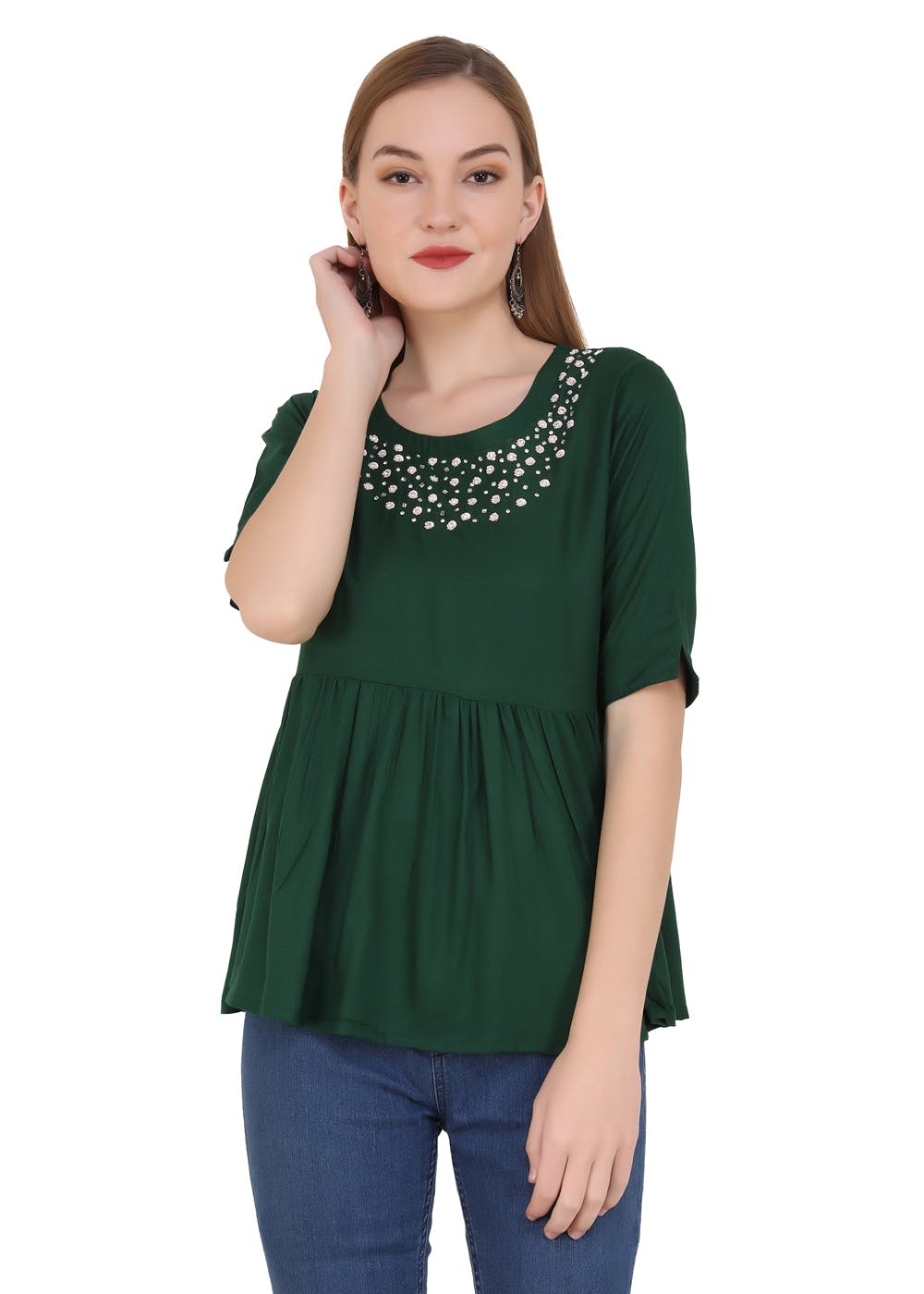 Get Embellished Neckline Detail Green Peplum Top at ₹ 475 | LBB Shop