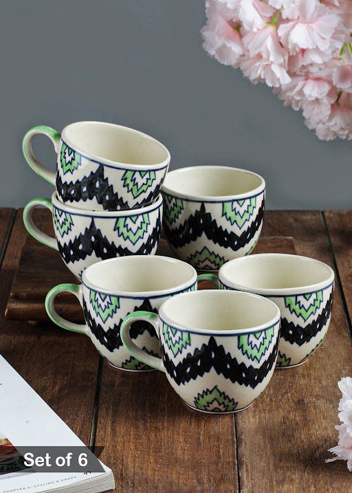 Get Aztec Green Black Ceramic Tea Cups - Set of Six at ₹ 799 | LBB Shop