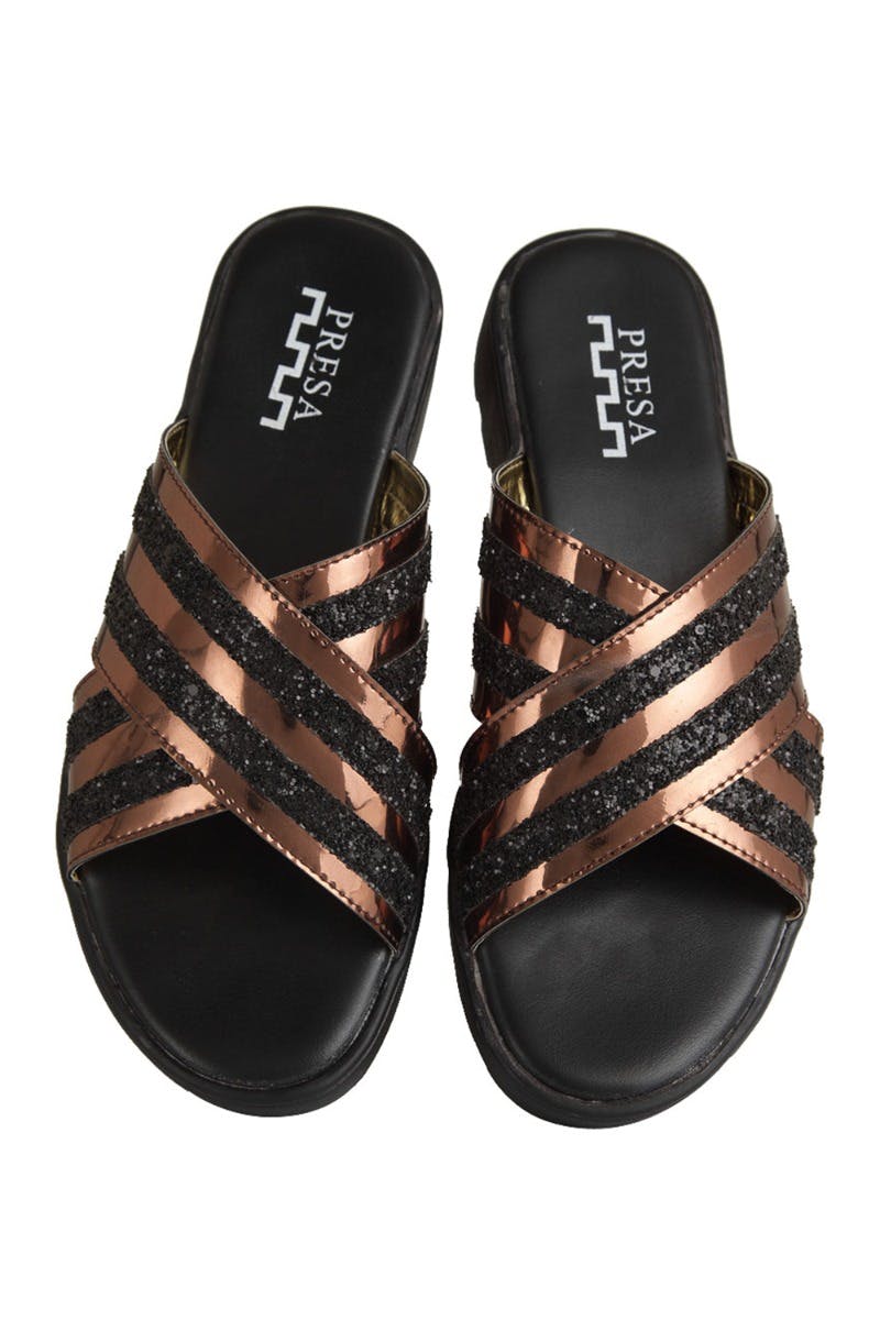Get Embellished Metallic Copper Slides at ₹ 1599 | LBB Shop