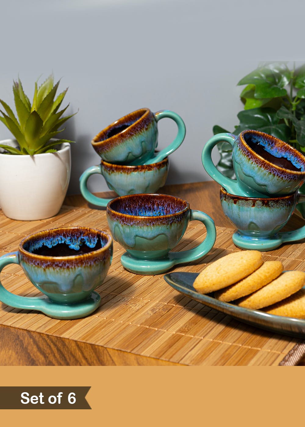 Get Ceramic Studio Pottery Blue Brown Shaded Tea Cups - Set of 6 at ...