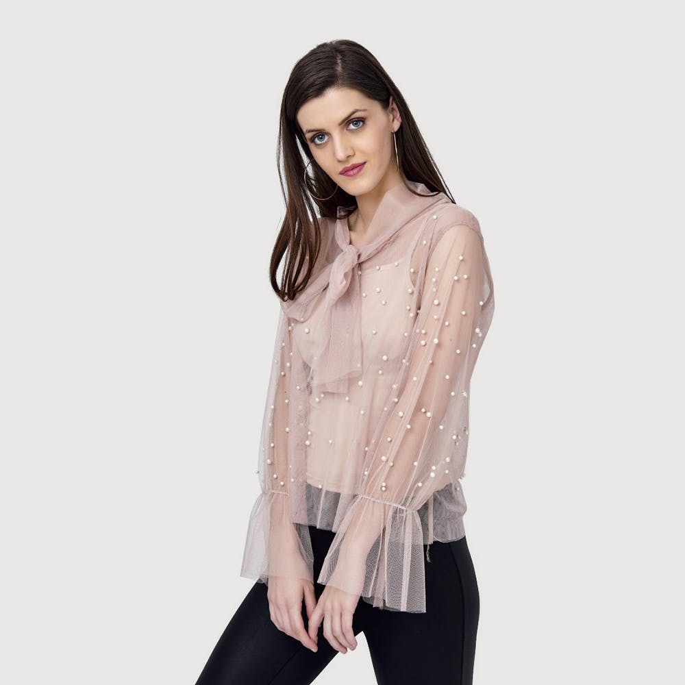 Get Pearl embellished mesh top at ₹ 950 | LBB Shop