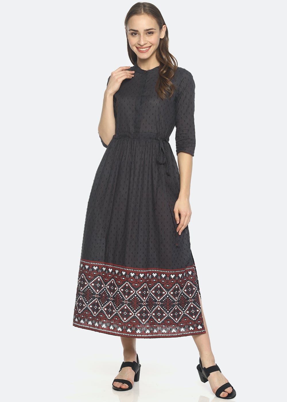 Get Printed Hem Detail Grey Self Design Dress at ₹ 1699 | LBB Shop