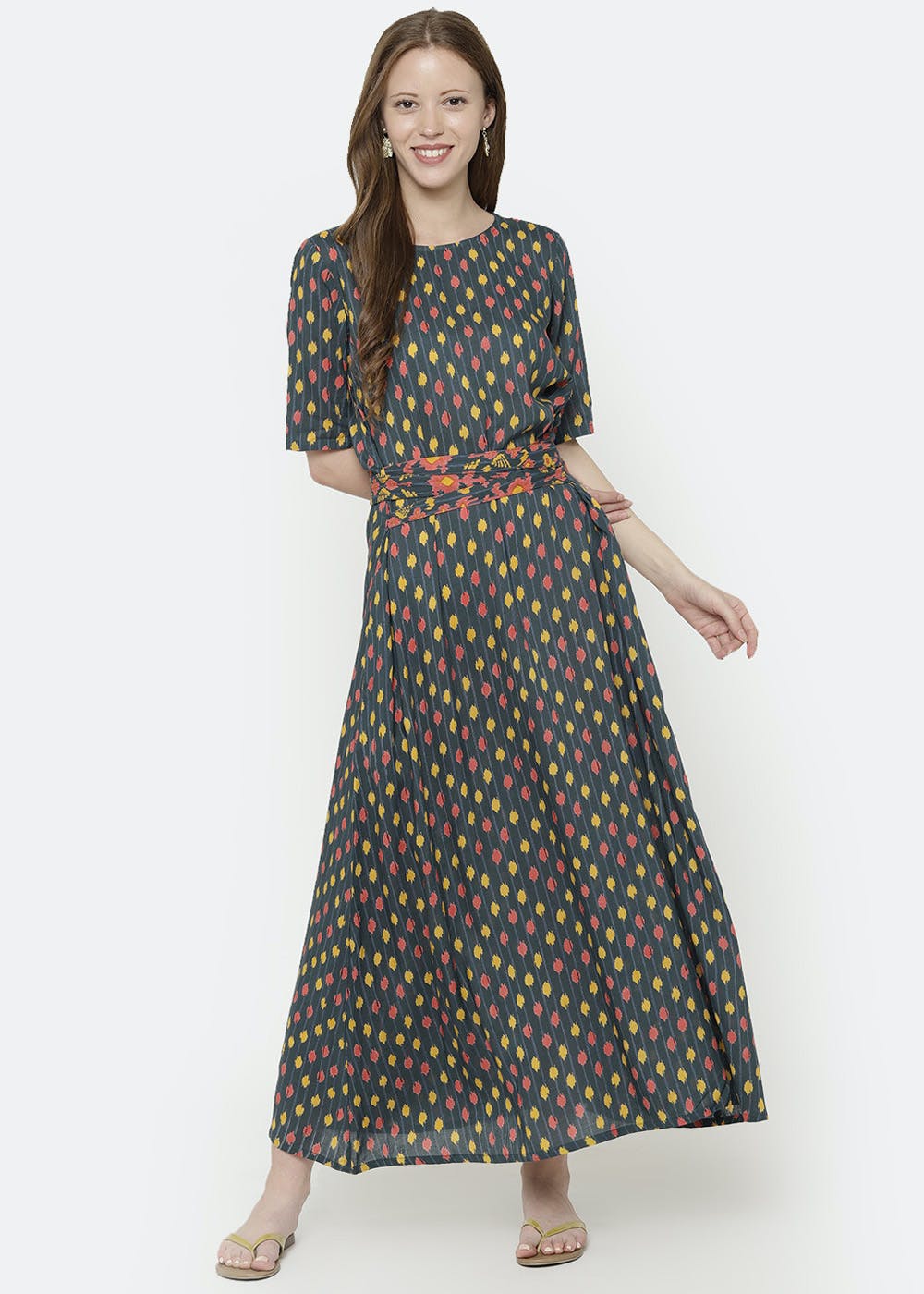 Get Green Printed Maxi Dress With Attached Fabric Belt At ₹ 1999 Lbb Shop