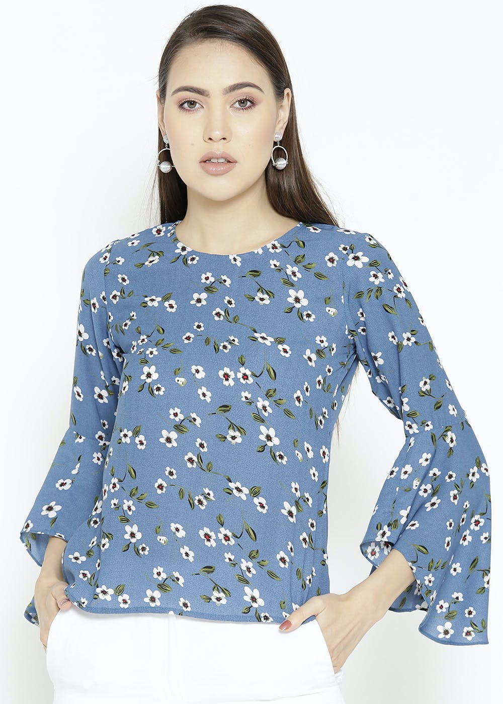 Get Delicate Floral Printed Blue Bell Sleeves Top at ₹ 1079 | LBB Shop